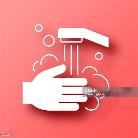 비누와 물로 손을 씻으십시오 그림자가 있는 빨간색 배경의 아이콘 손 씻기에 대한 스톡 벡터 아트 및 기타 이미지 손 씻기 벡터 비누 Istock