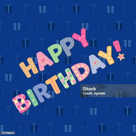 생일 축하 텍스트 벡터 그림입니다 선물과 파란색 반복적 인 배경에 그림자와 재미있는 편지 인사말 카드 배너 초대 비네팅 사인을