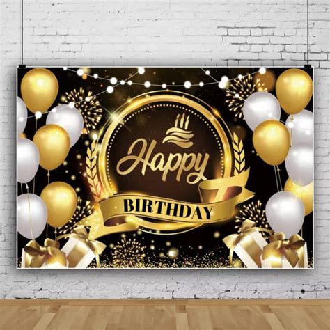Backdrop Happy Birthday Background Black Gold Balloons Photo Banner