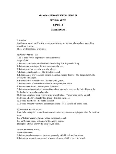 Determiners Revision Notes With Worksheet Pdf Noun Plural
