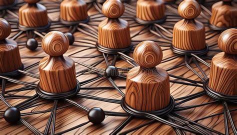 Wooden Figurines Of People Connected By Black Lines In A Network