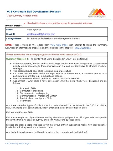 Vce Corporate Skill Development Program Csd Summary Report Format