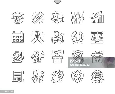 핵심 값입니다 상호 이해 중요한 날짜입니다 전문 개발 격려와 보너스 픽셀 완벽한 벡터 얇은 선 아이콘 간단한 최소 그림 아이콘에 대한 스톡 벡터 아트 및 기타 이미지