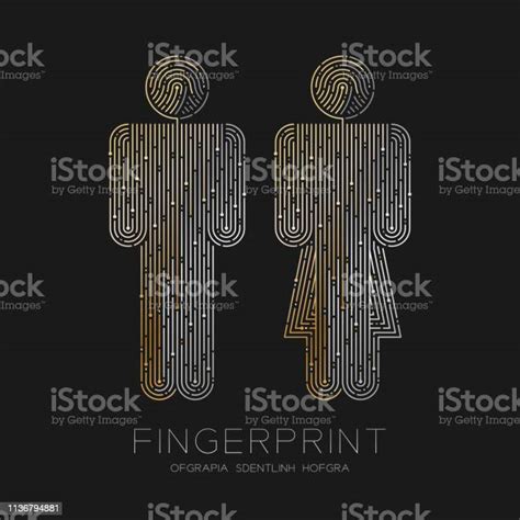 남자와 여자 기호 그림 패턴 지문 스캔 로고 아이콘 대시 라인 남성 여성 성별 개념 삽화 실버와 골드 지문 텍스트와 공간으로