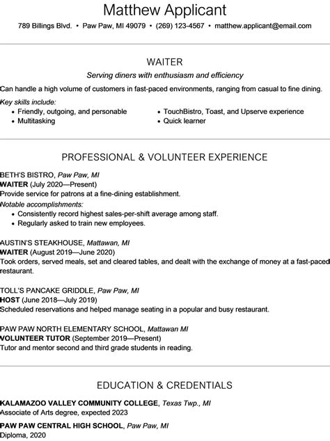 Waitress Resume Objective Examples