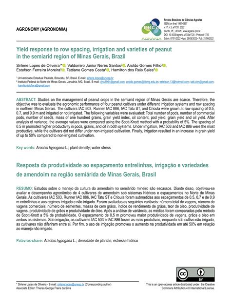 Pdf Yield Response To Row Spacing Irrigation And Varieties Of Peanut In The Semiarid Region