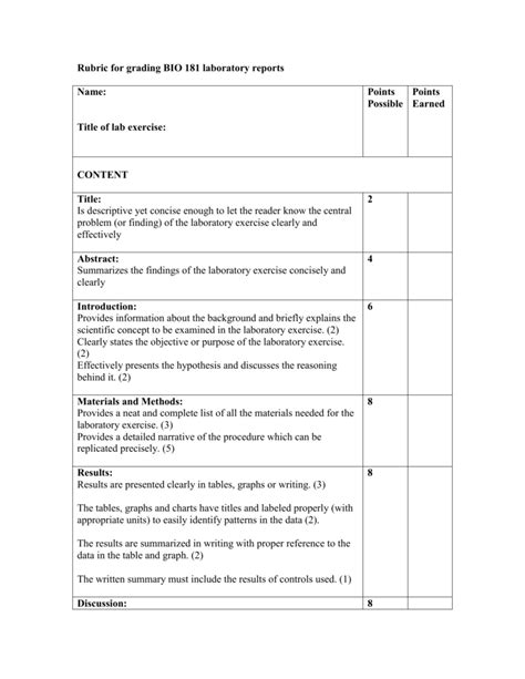 Rubric For Grading BIO 181 Laboratory Reports Doc