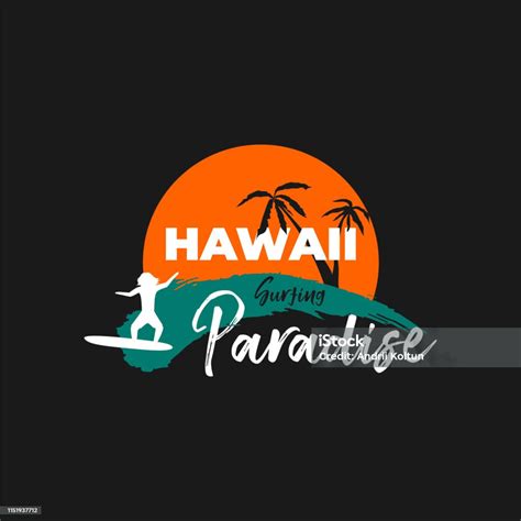 하와이 낙원 추상적 인 그래픽 모양의 푸른 물 오렌지 태양 야자수를 서핑 남자와 배경 서핑 보드 상점에 대 한 기호 아이콘 또는 기호에 대 한 템플릿입니다 디자인 T 셔츠