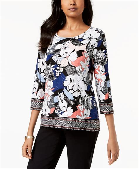 Jm Collection 34 Sleeve Novelty Printed Jacquard Top Created For Macy