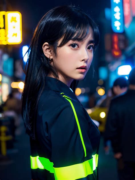 一名身穿黑色夹克和霓虹黄色背心的女子站在街上 Seaart Ai