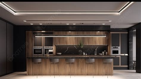 나무 캐비닛과 천장 조명 스트립을 갖춘 현대적인 주방의 고급스러운 3d 인테리어 내각 나무 템플릿 나무 방 배경 일러스트