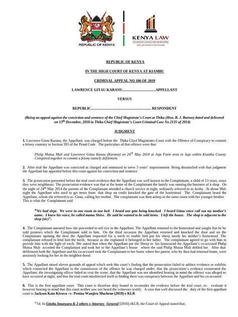 Lawrence Gitau Karanu V Republic 2020kehc1128 Klr Pdf Sentence Law Voir Dire