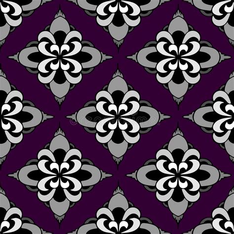 Seamless Symmetrical Pattern Of Abstract Gray Geometric Shapes On Purple Background Stock