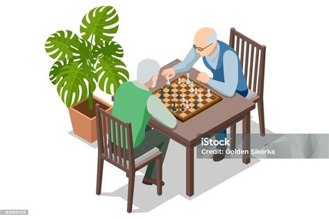 체스 게임을하는 아이소 메트릭 시니어 친구들 논리적인 전술 턴제 게임 체스 토너먼트 스포츠 게임 취미 및 관심사 고도로 지적