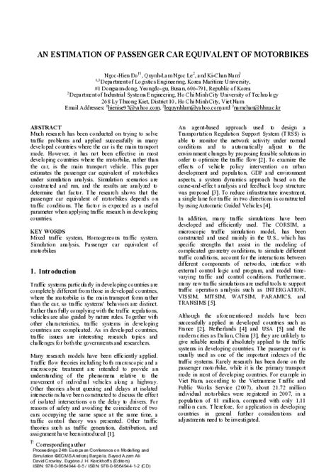 Pdf An Estimation Of Passenger Car Equivalent Of Motorbikes Quỳnh