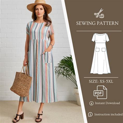 High Waist Dress Sewing Pattern Linen Dress Stiped Dress With Pockets