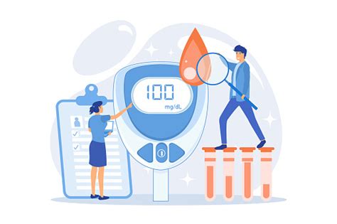 돋보기와 혈당 테스트 미터를 가진 의사 당뇨병 제 2 형 당뇨병 및 흰색 배경에 인슐린 생산 개념 플랫 벡터 현대 일러스트 레이