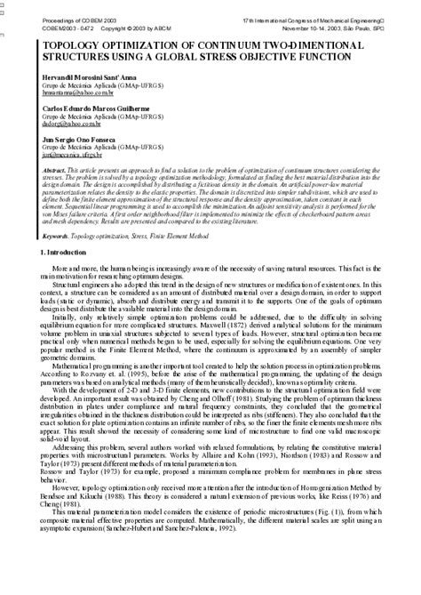 Pdf Topology Optimization Of Continuum Two Dimentional Structures Using A Global Stress