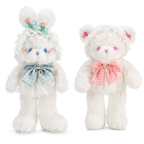 로리타 토끼 봉제 장난감 레이스 모자 블루 베어 나비 넥타이 아기 소녀 수면 인형 35cm Aliexpress