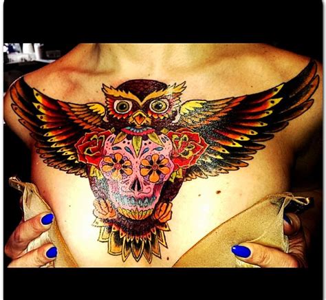 Owl And Sugar Skull Chest Tattoo By Audrey Mello Tattoos Chest