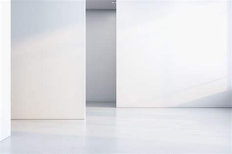 벽에 모형이 있는 현대적인 흰색 기하학적 인테리어 전시 갤러리 및 레이아웃 개념 3d 렌더링 0명에 대한 스톡 사진 및 기타