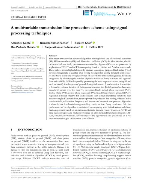 Pdf A Multivariable Transmission Line Protection Scheme Using Signal Processing Techniques