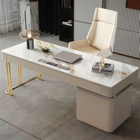 Pedestal Glam Office Desk With File Cabinet Rectangular Computer Desk