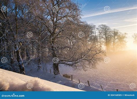 Scenic View Of A Field Covered With Snow At Sunset In Maransart