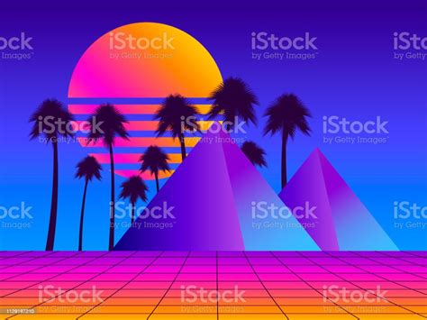 야자수의 레트로 미래 파 피라미드 원근 격자선입니다 네온 일몰입니다 Synthwave 레트로 배경입니다 Retrowave입니다