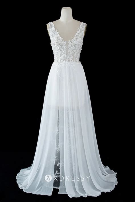 Sheer White Chiffon Lace Slit Summer Wedding Dress Xdressy