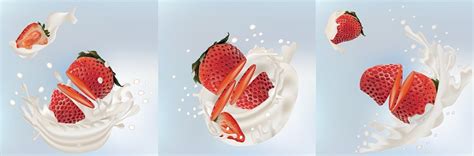 우유에 스플래시 딸기 현실적인 3d 벡터입니다 원시 딸기 과일입니다 전체와 밝아진 우유와 딸기 슬라이스 좋은 영양의 개념 건강