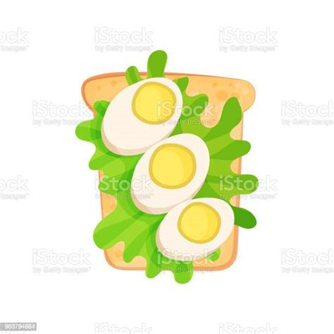 삶은 계란 반쪽과 상 추의 잎과 구운된 빵 쪼 갠 다 아침 식사 맛 있는 간식 음식 테마입니다 평면 벡터 아이콘 0명에 대한 스톡 벡터 아트 및 기타 이미지 Istock