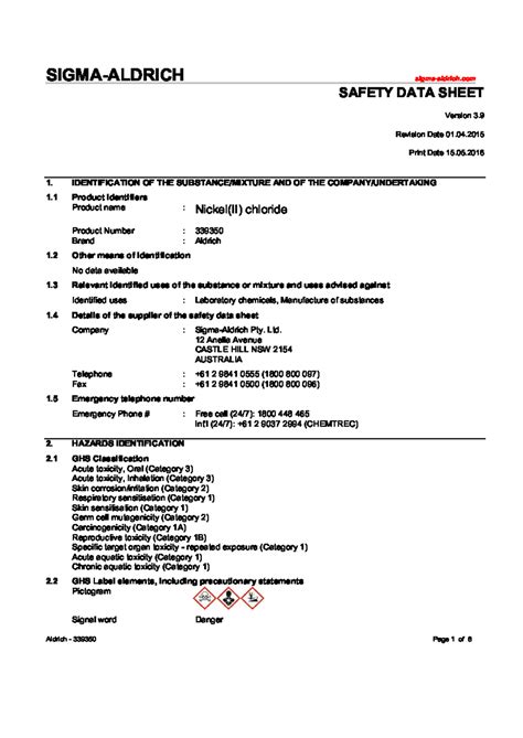 Nickel Ii Chloride Sds Studocu
