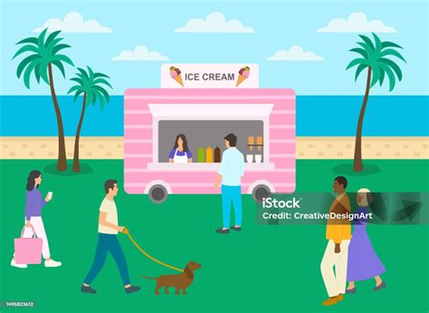 해변의 아이스크림 밴 공원에서 여름 야외 활동 개를 산책시키는 젊은 남자 낭만적인 커플이 걷고 있는 남성 고객이 아이스크림을 사고 있다 개 산책에 대한 스톡 벡터 아트 및