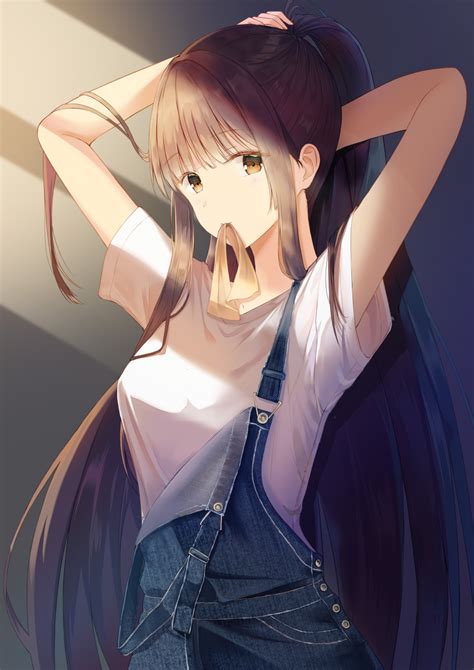 Safebooru 1girl Absurdres Arms Up Batto Neko Black Hair Blue Overalls