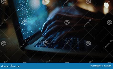 Programmer Working On Laptop With Futuristic Code Displayed On Screen Stock Image Image Of
