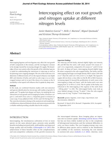 Pdf Intercropping Effect On Root Growth And Nitrogen Uptake At Different Nitrogen Levels
