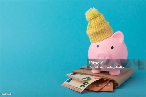 저축 개념입니다 돼지 저금통과 파란색 질감 배경에 돈 따뜻한 겨울 모자를 쓴 돼지 저금통이 당신을 따뜻하게 해줍니다 열 절약