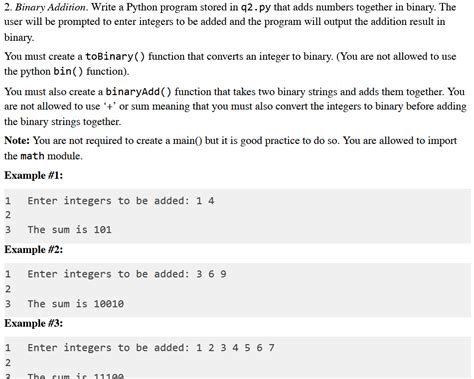 Solved 2 Binary Addition Write A Python Program Stored In