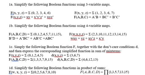 Solved La Simplify The Following Boolean Functions Using