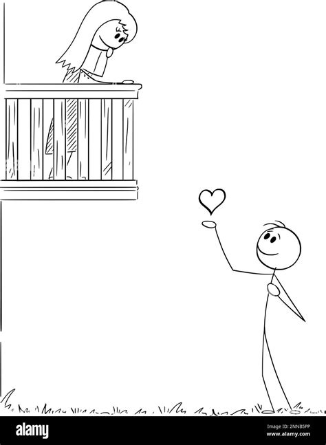 lover confessing love to girl on balcony vector cartoon stick figure