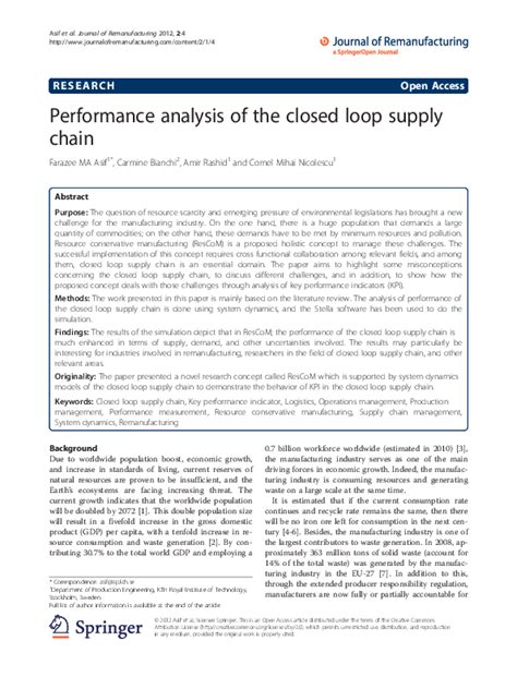 performance analysis of the closed loop supply chain carmine bianchi