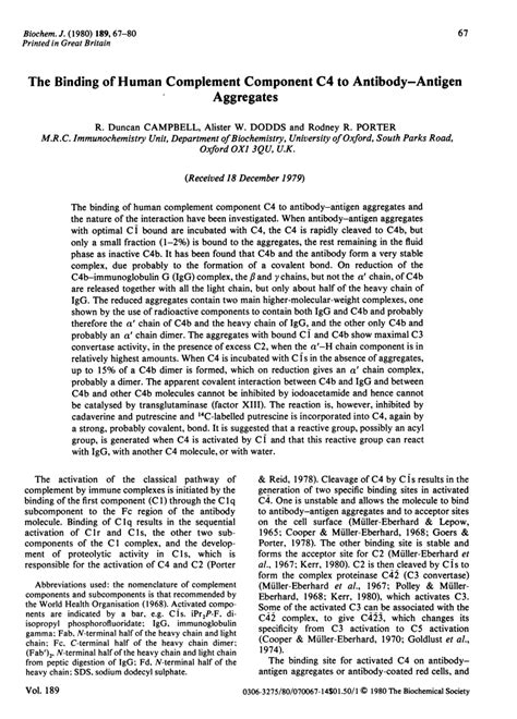 Pdf Binding Of Human Complement Component C4 To Antibodyantigen