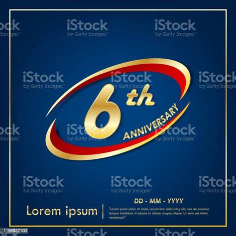6 주년 기념 엠블럼 파란색 배경에 빨간 반지와 기념일 우아함 황금 로고 웹 축하 인사말 카드 및 초대 카드에 대한 벡터