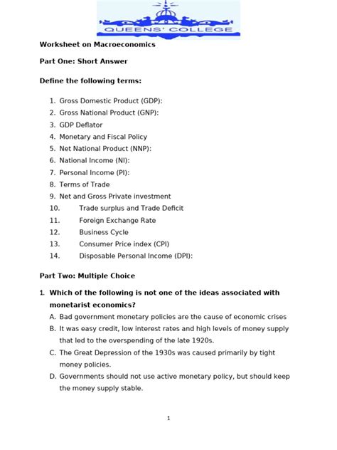Worksheet On Macroeconomics Pdf Fiscal Policy Macroeconomics