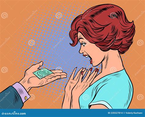 A Man Gives A Woman A Condom Sexual Intimacy Date Vector Illustration