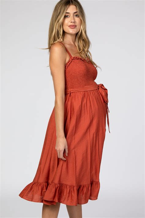 Rust Ruffle Smocked Maternity Dress Pinkblush