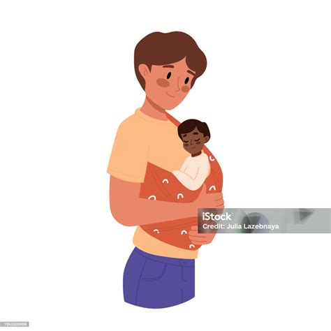 신생아를 들고 행복한 아버지 새총에 아기 가족 라이프 스타일 개념 손으로 그린 벡터 그림 아빠는 아이를 안고 있습니다 아버지
