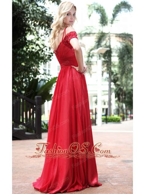Red Empire Off The Shoulder Floor Length Chiffon Pleat And Beading Prom