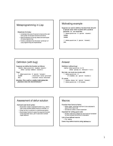 Lecture Slides On Metaprogramming In Lisp Cse 891 Docsity